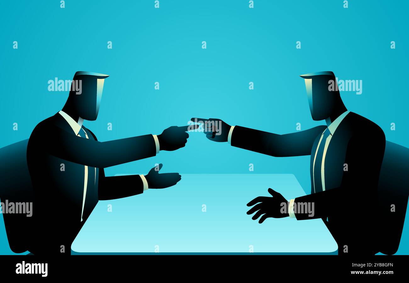 Two businessmen pointing at each other in a heated debate during a ...