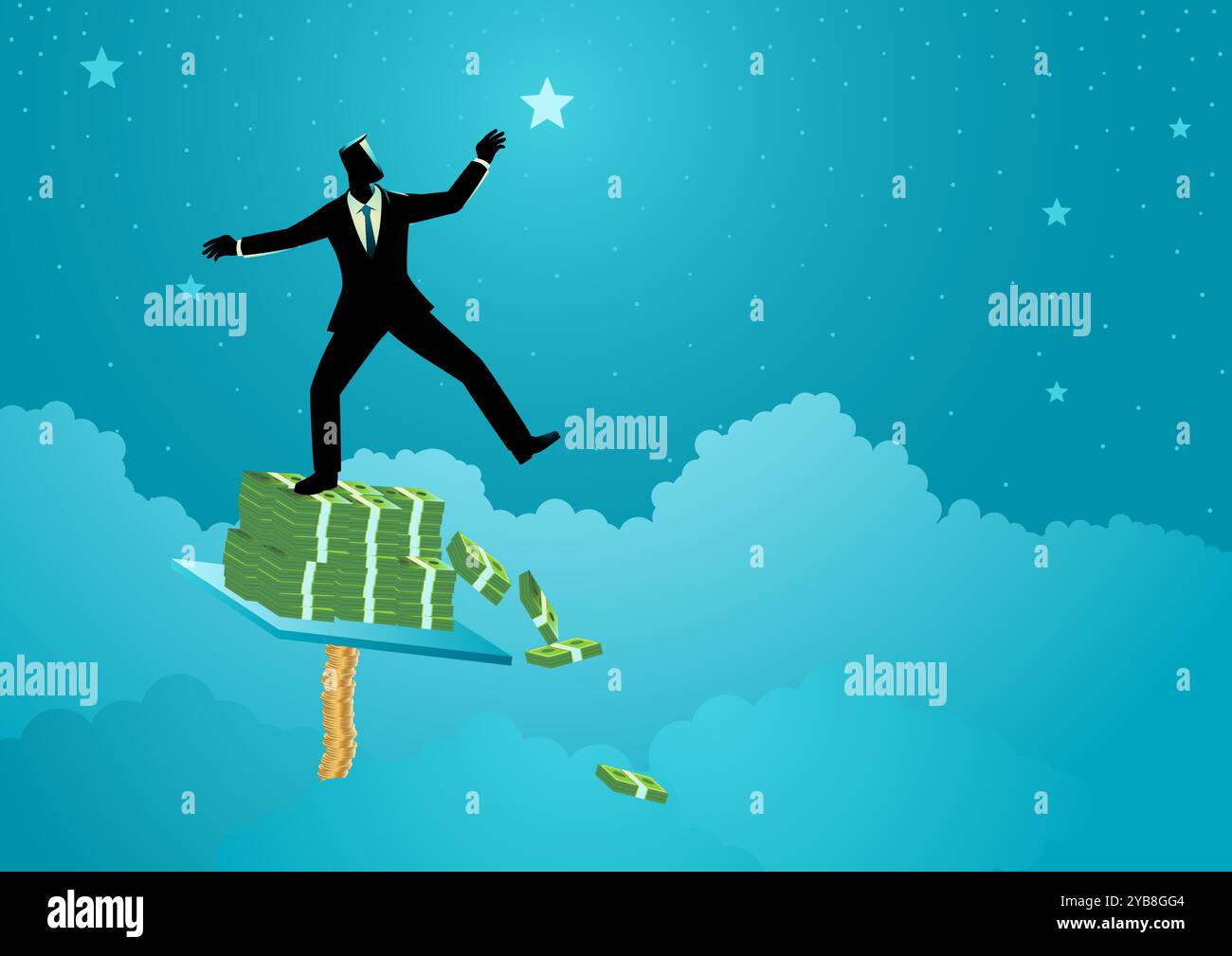 Businessman striving to reach the stars while balancing precariously on ...