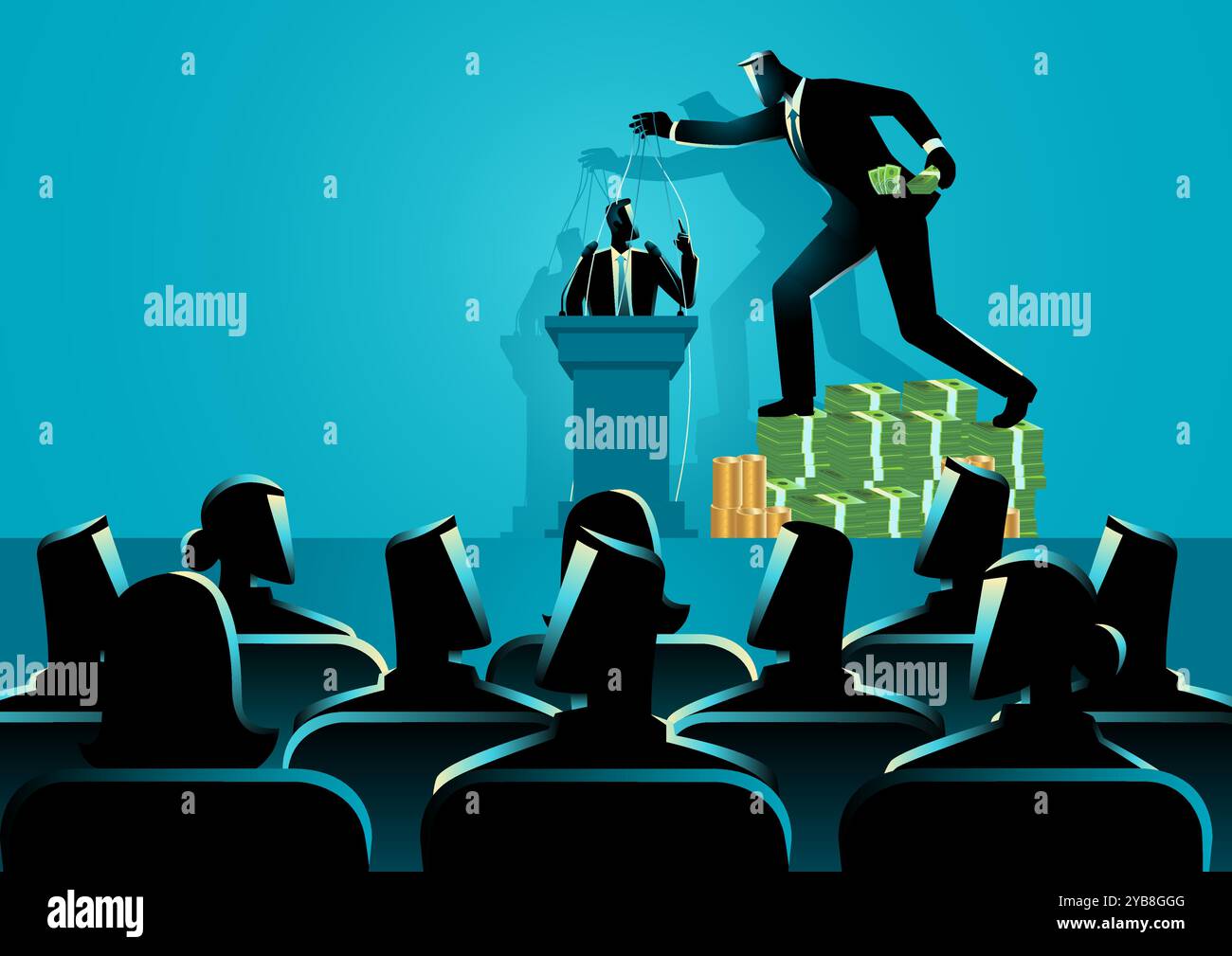 Puppeteer standing on a pile of money, manipulating a politician at a ...