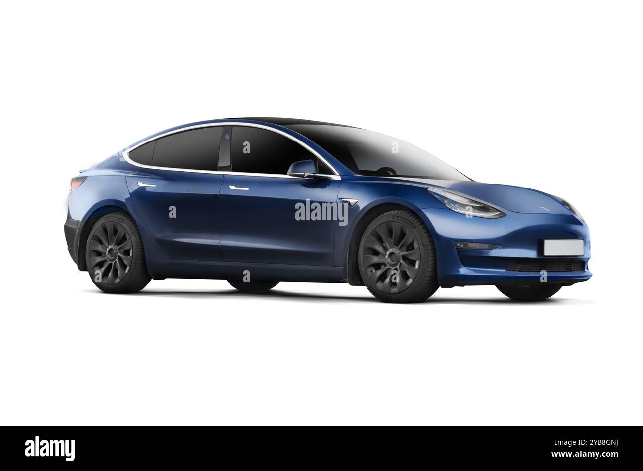 Moscow, Russia - Aug 19 2024: Front right view of a blue Tesla Model 3 ...