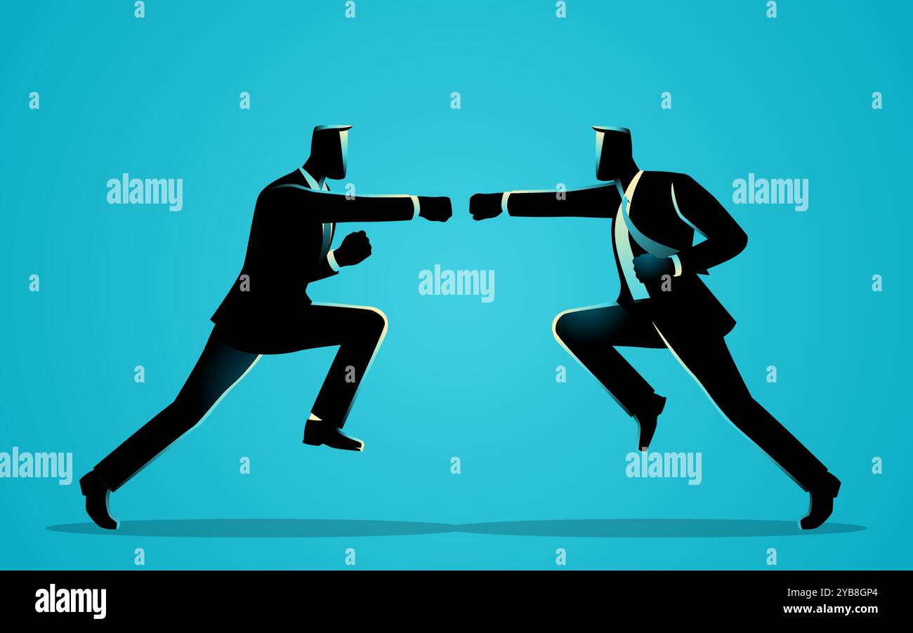 Businessmen engaged in a battle, symbolizing intense competition ...