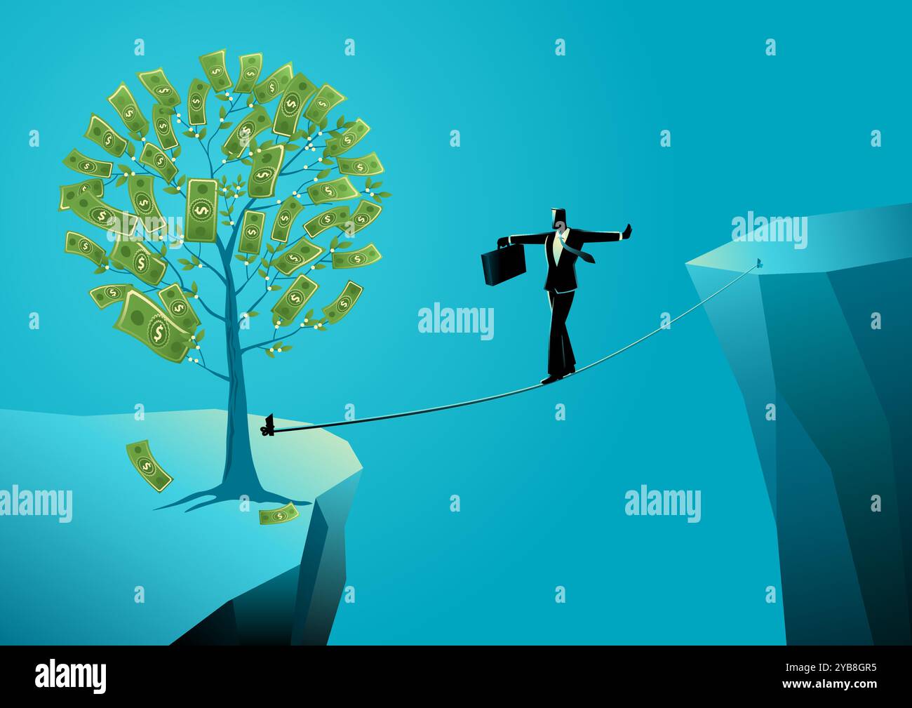 Businessman balancing on a thin rope over a ravine, with a suitcase in ...