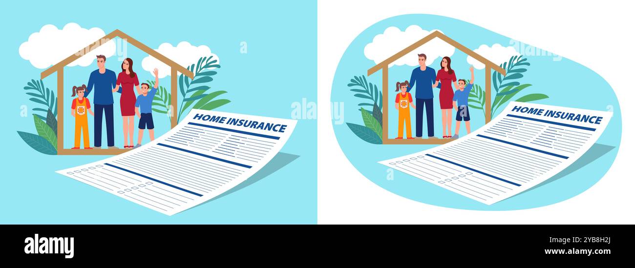 Cartoon illustration of a happy family inside a house icon, with a ...