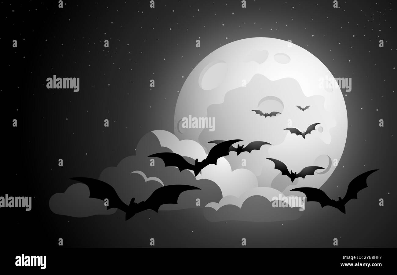 Black and white cartoon illustration of bats flying across a full moon ...