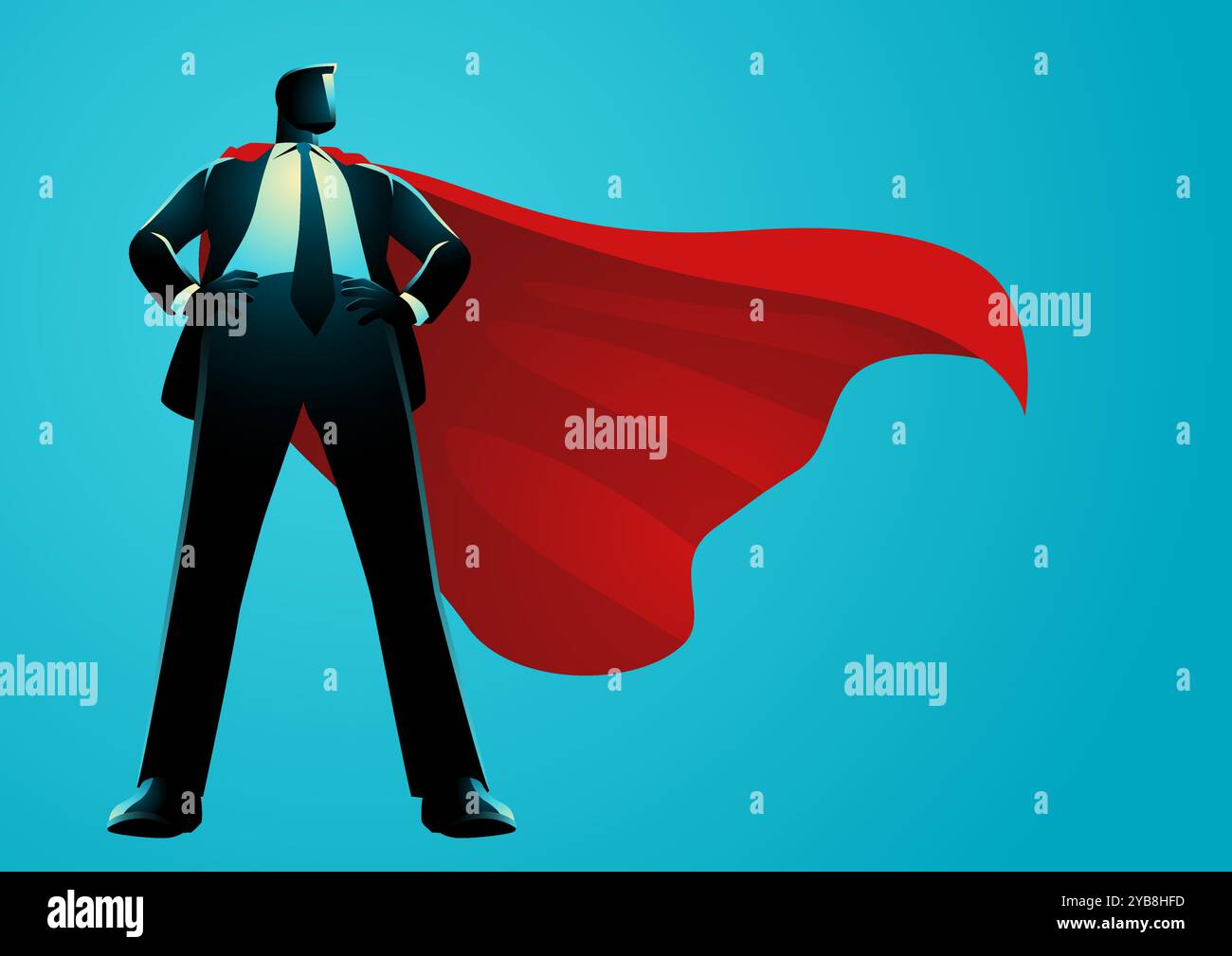 Confident businessman as superhero with red cape standing tall with ...