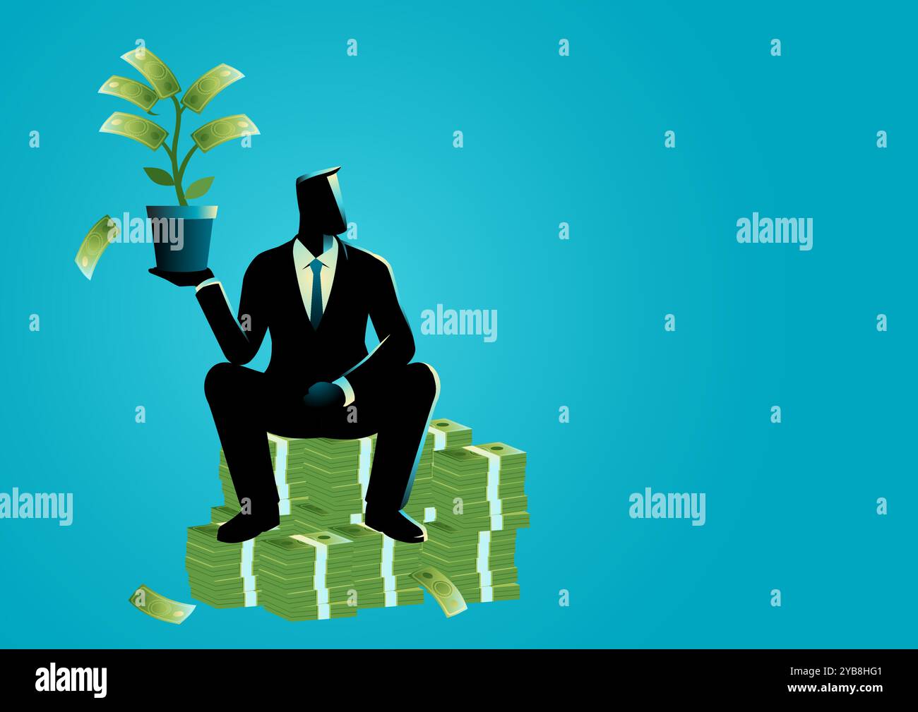 Businessman confidently sitting on a stack of money holding money plant ...