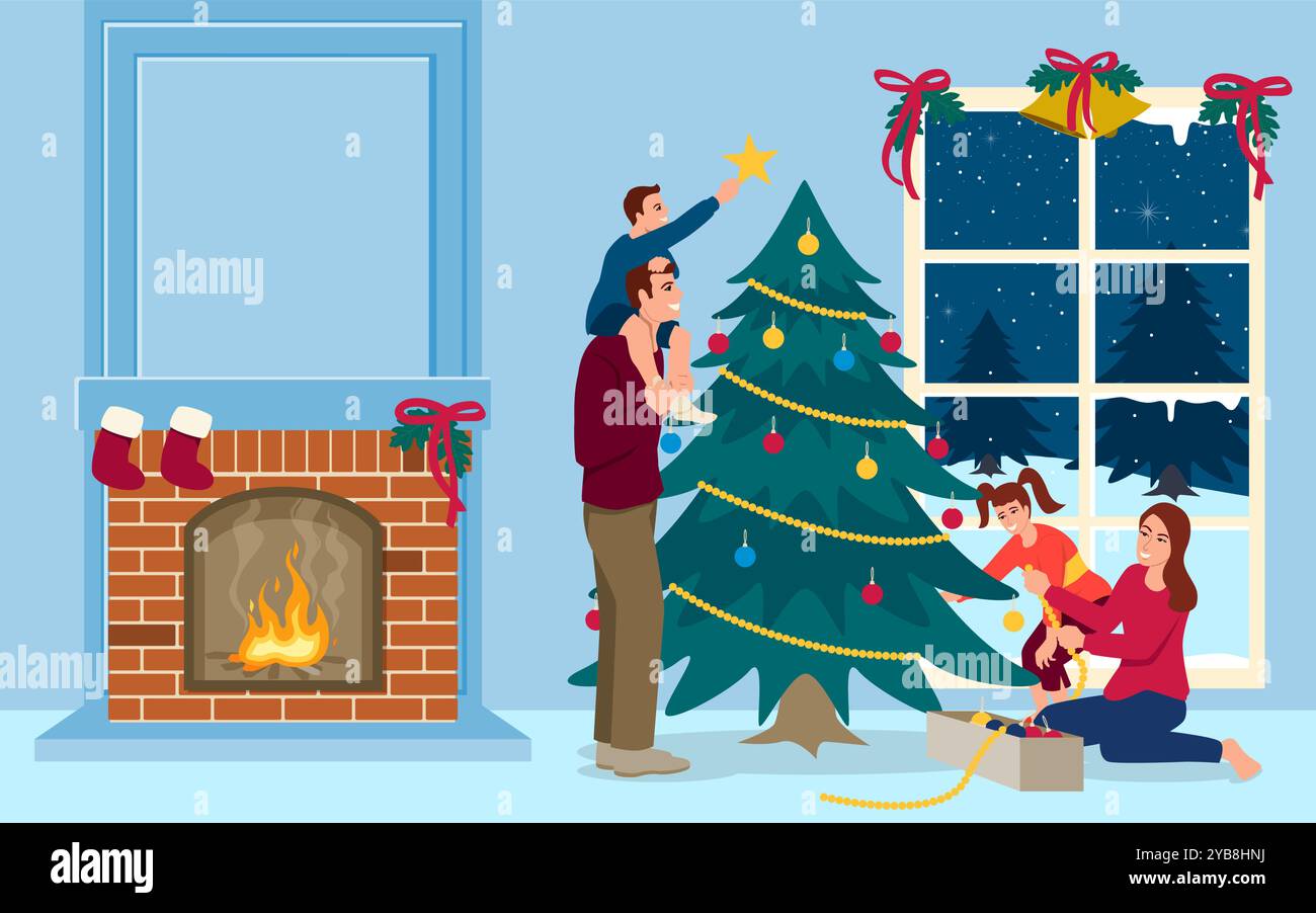 Cartoon illustration of a happy family warmly gathering to decorate a ...