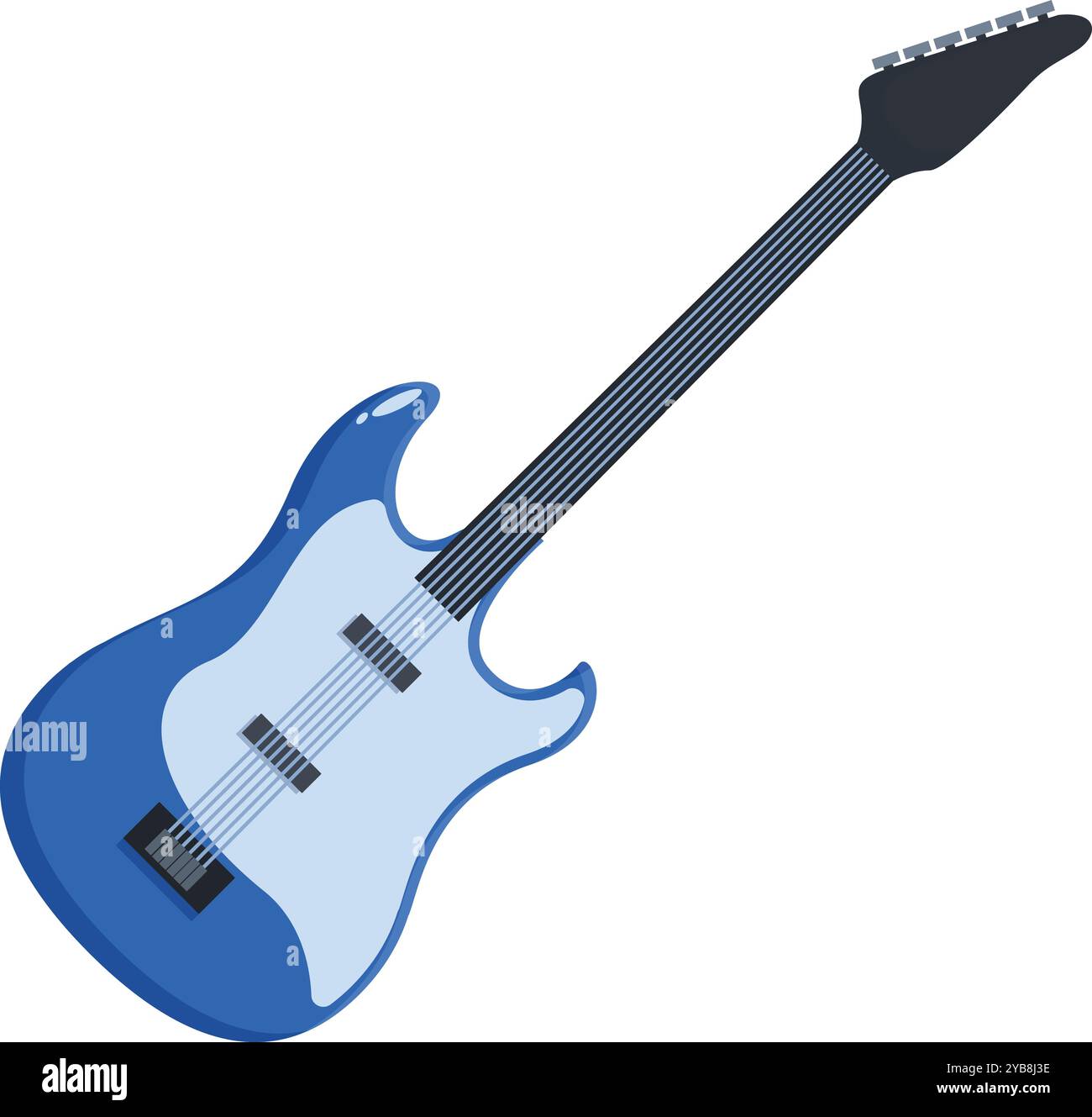 Blue electric guitar is lying on a white background, strings perfectly ...