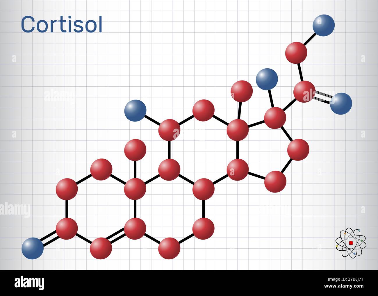 Cortisol, hydrocortisone steroid molecule. Stress hormone involved in ...