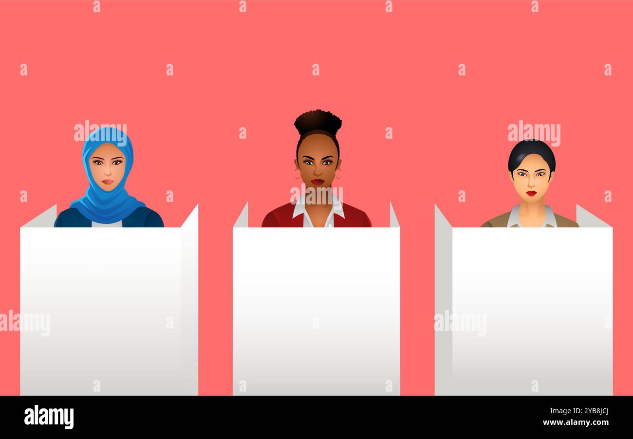 Women of different races standing in voting booths, symbolizing ...
