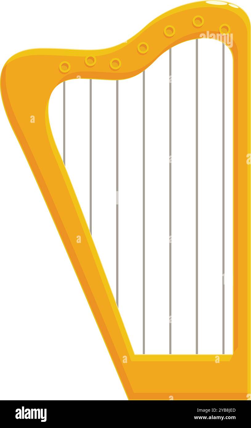 Golden harp standing on white background, stringed musical instrument, part of orchestra ...