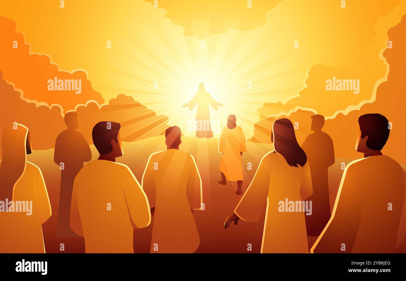 Shining silhouette of Jesus standing on a hill, arms open in a ...