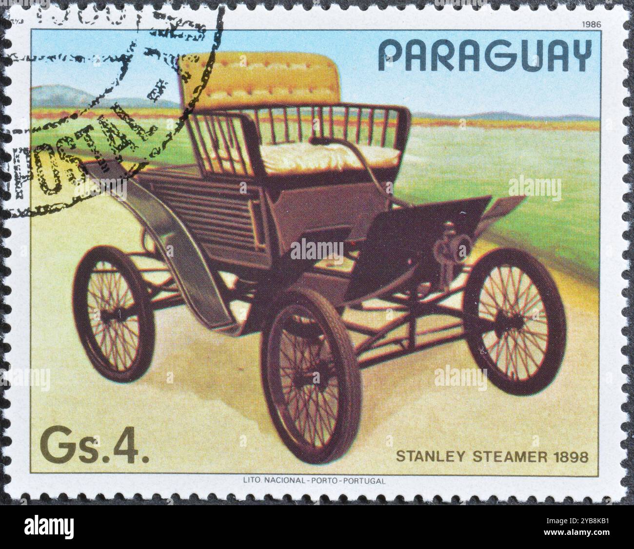 Cancelled postage stamp printed by Paraguay, that shows Stanley Steamer ...
