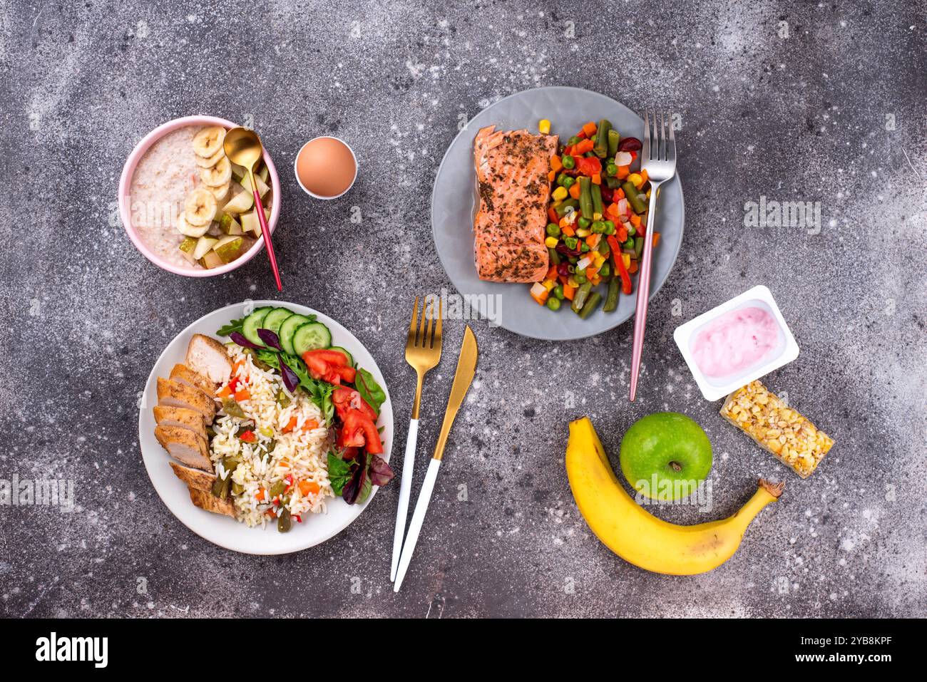 Healthy balanced menu for day Stock Photo - Alamy