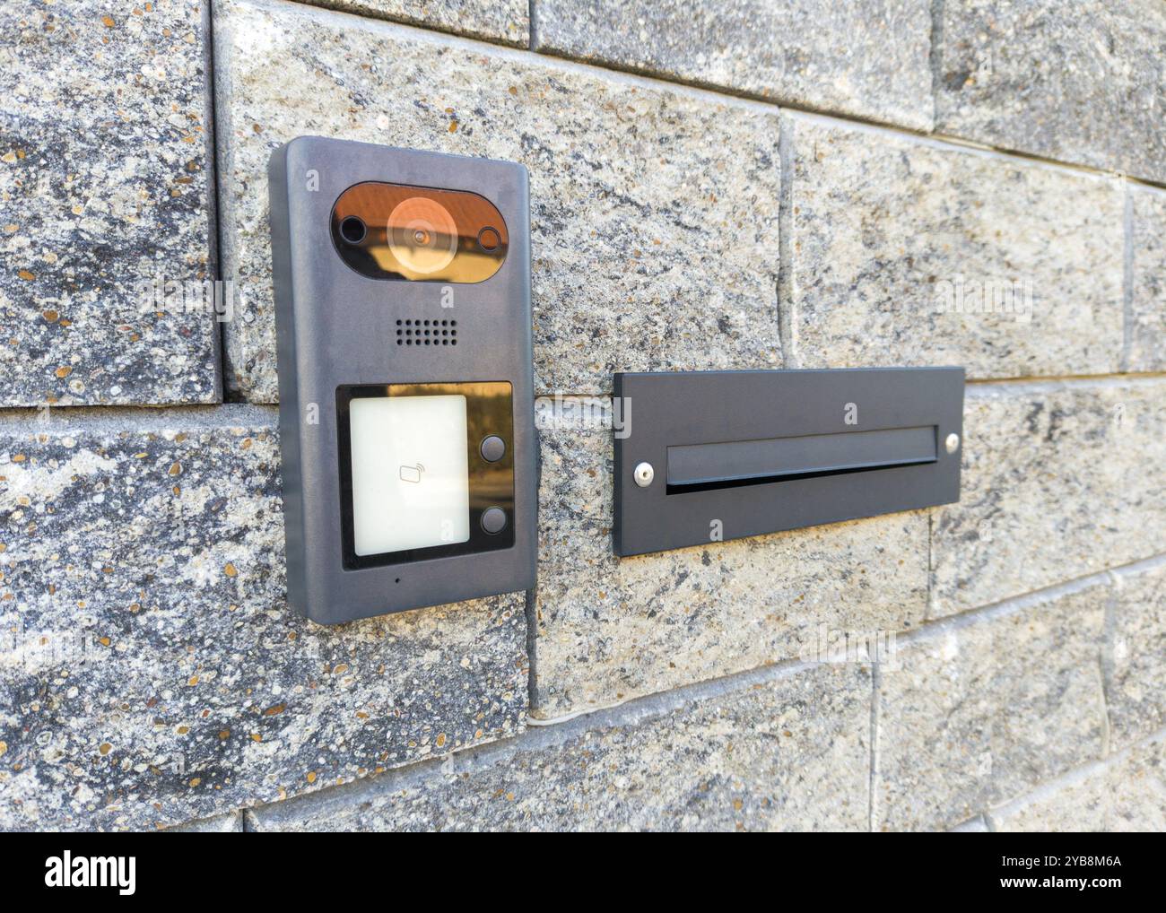 Modern intercom and mailbox on stone wall Stock Photo - Alamy
