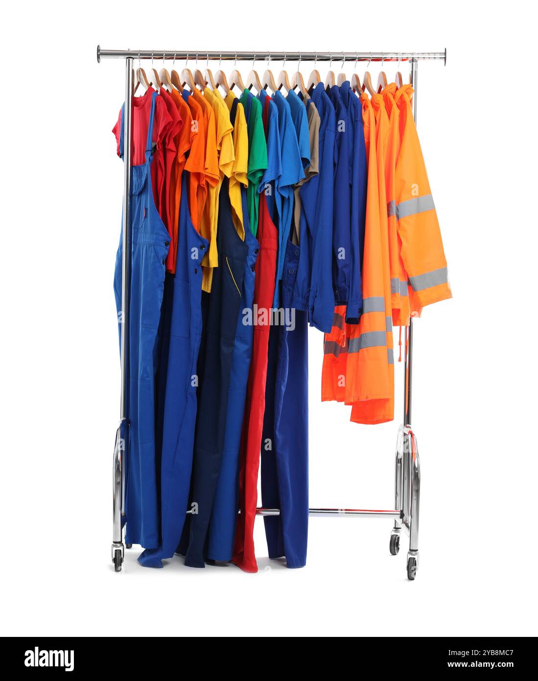 Different workers' uniforms on clothing rack isolated on white Stock ...
