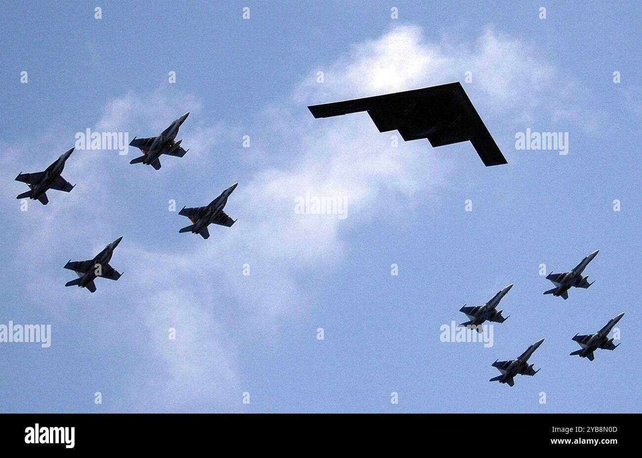 AMERICAN NORTHROP B-2 SPIRIT STEALTH BOMBER in formation with U.S. Navy ...
