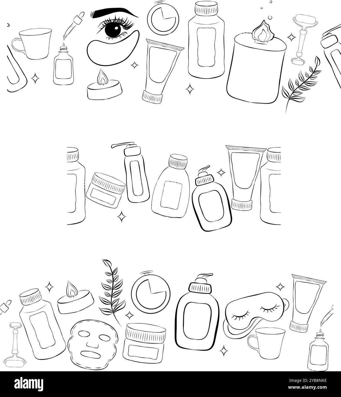 Spa day care line border background set. Vector seamless pattern with ...