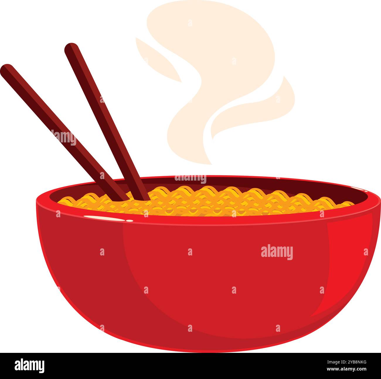 Red bowl is releasing steam over delicious hot noodles with chopsticks ...