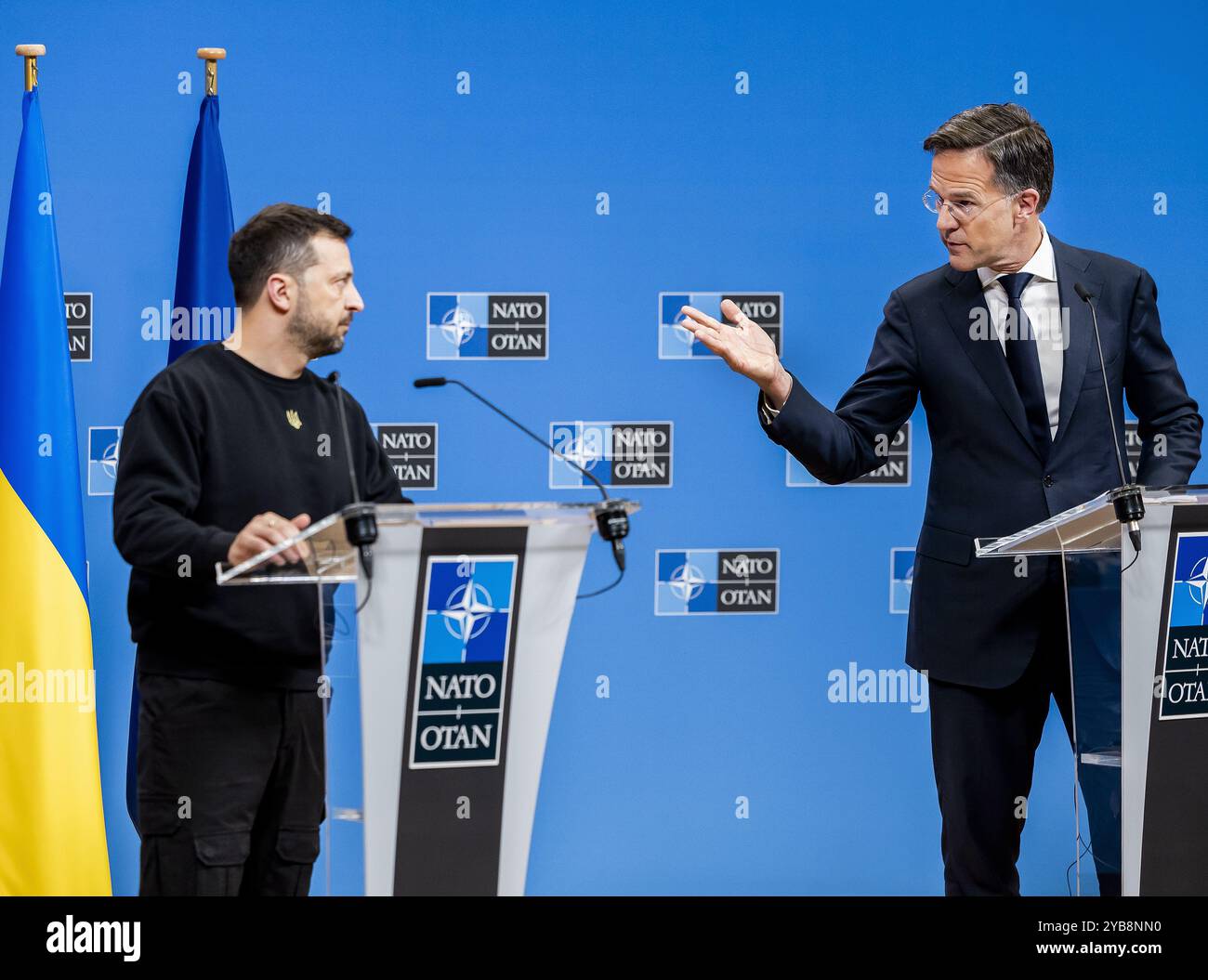 BRUSSELS - NATO Secretary General Mark Rutte with Ukrainian President Volodymyr Zelensky during ...