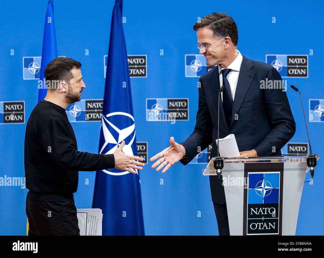 BRUSSELS - NATO Secretary General Mark Rutte with Ukrainian President Volodymyr Zelensky during ...