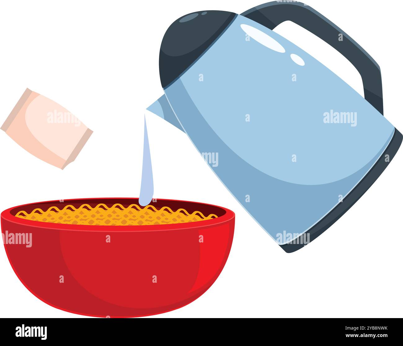 Red bowl filled with instant noodles is being prepared by pouring ...