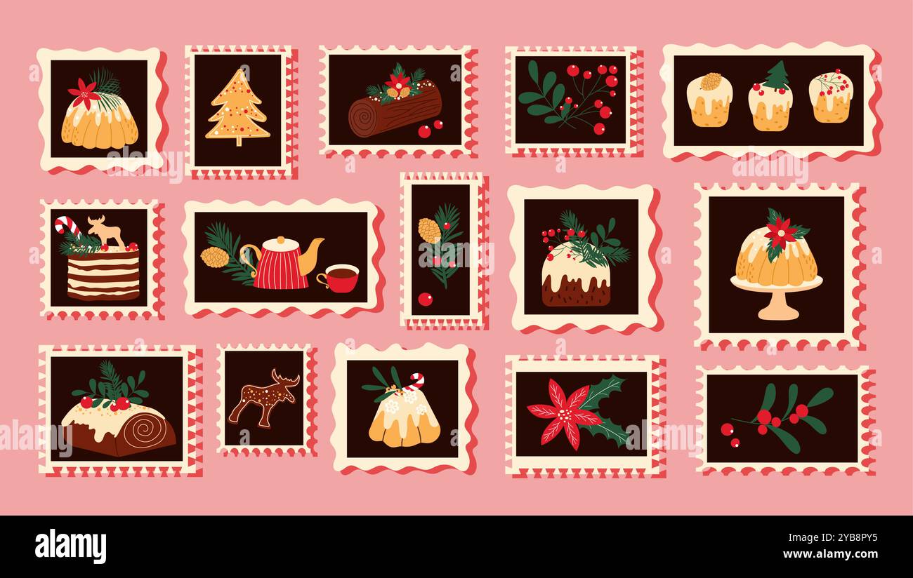 Christmas collection of hand drawn stamps with traditional sweets ...