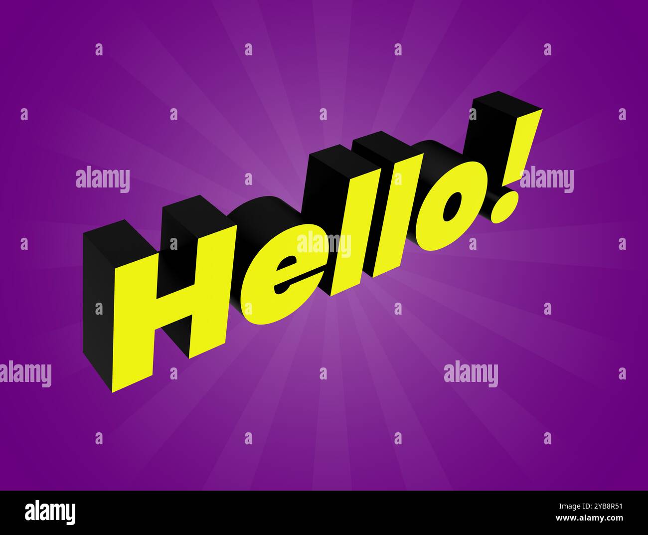 Hello! 3d sign. Yellow perspective inscription. Purple background ...