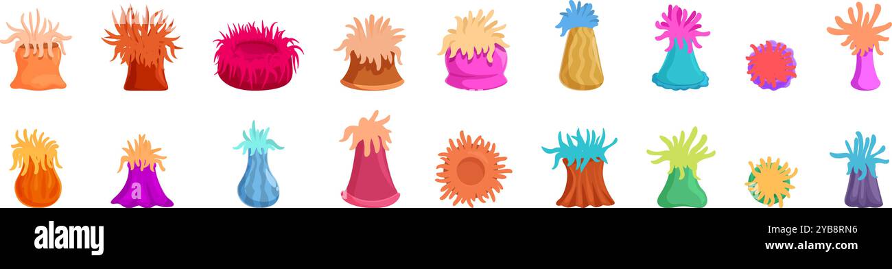 Actinia icons set. Set of cartoon colorful sea anemones showing ...