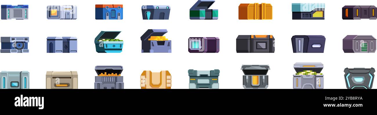 Sci fi boxes icons set. Collection of different closed and opened sci ...