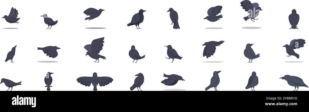 Crow icons set. Collection of cartoon crows showing different ...