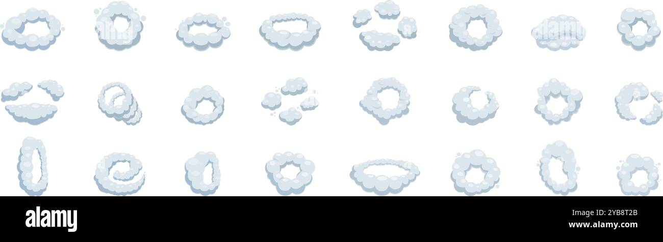 Smoke ring cloud icons set. Cartoon smoke explosion effect frames ...