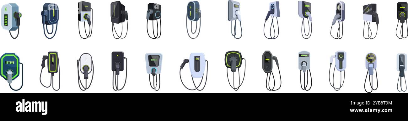 Electric car wall charger icons set. Set of icons featuring electric ...