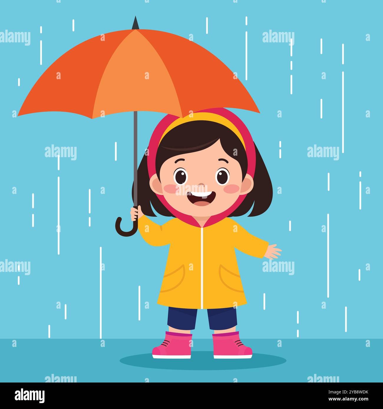 Happy Kid in Yellow Raincoat Playing with Umbrella in the Rain – Cute ...