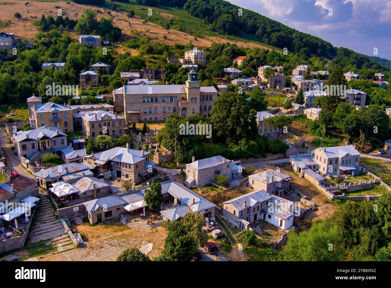 An aerial view of Nymfaio, a picturesque mountain village in Greece ...