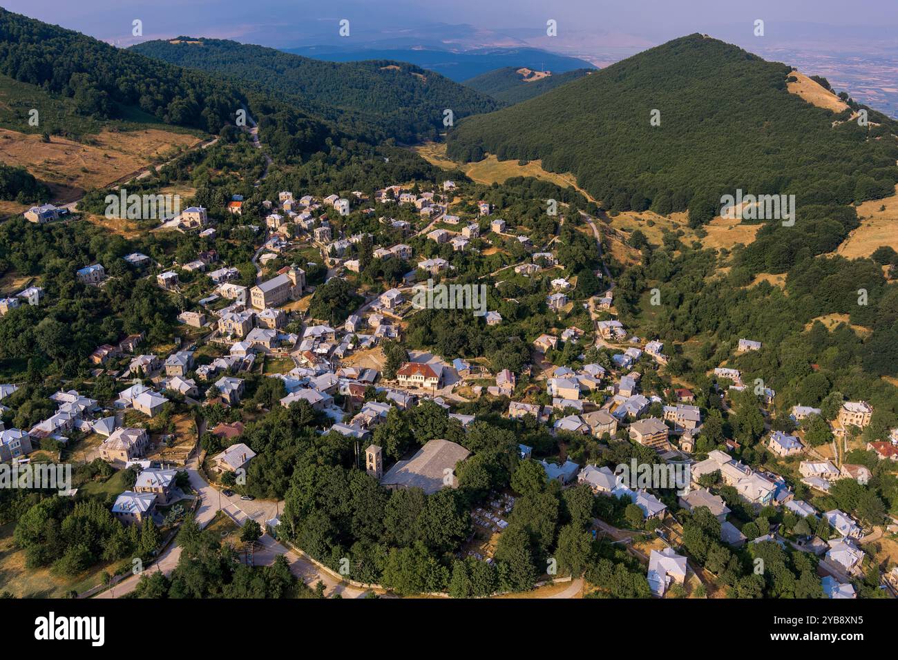 An aerial view of Nymfaio, a picturesque mountain village in Greece ...