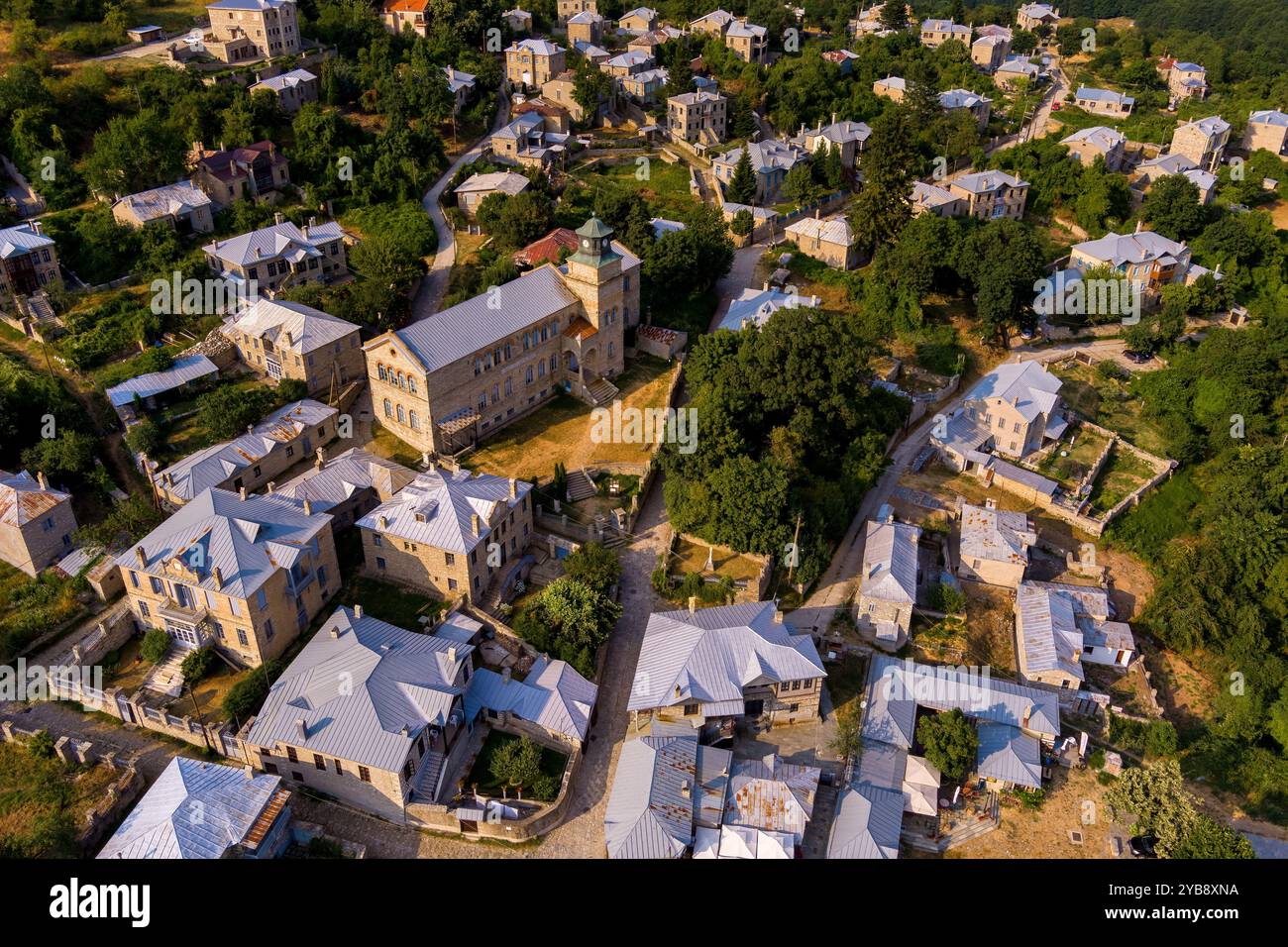 An aerial view of Nymfaio, a picturesque mountain village in Greece ...
