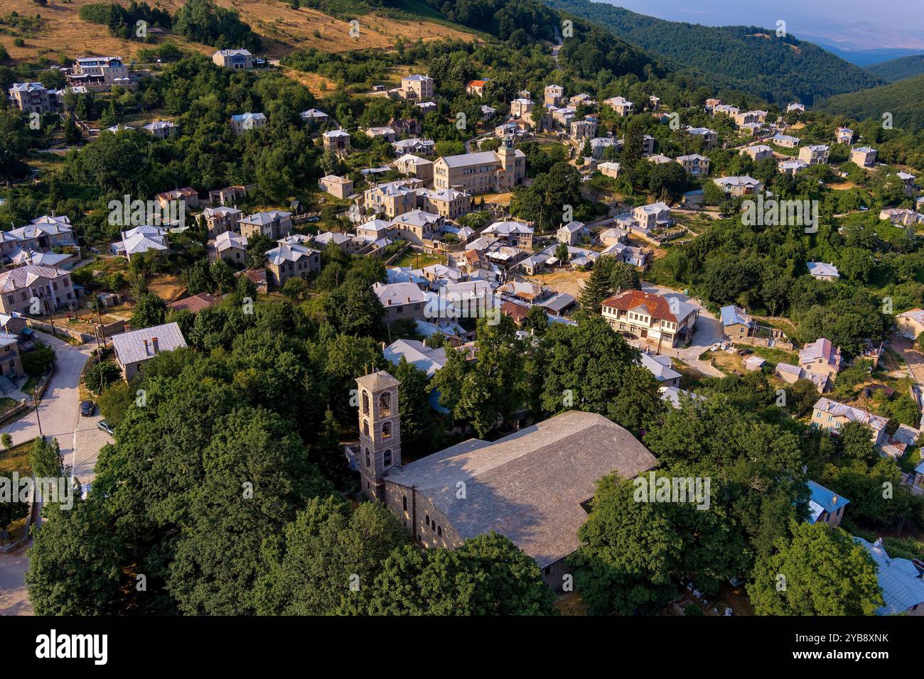 An aerial view of Nymfaio, a picturesque mountain village in Greece ...