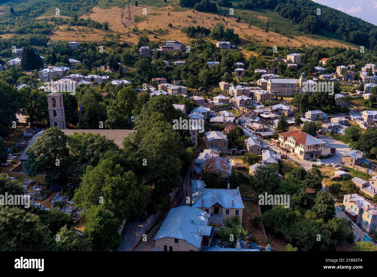 An aerial view of Nymfaio, a picturesque mountain village in Greece ...