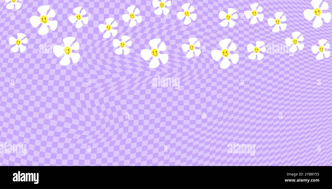 Cute purple horizontal checkered background with daisy falling from ...