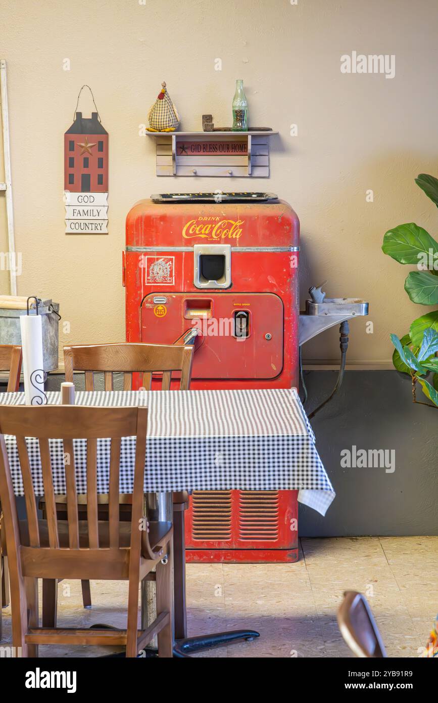 Yoakum, Texas, United States. March 17, 2022. Antique Coca Cola cooler ...