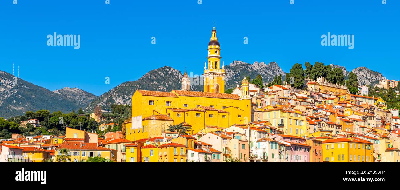 The old town of Menton in the Alpes Maritimes and its yellow facades ...