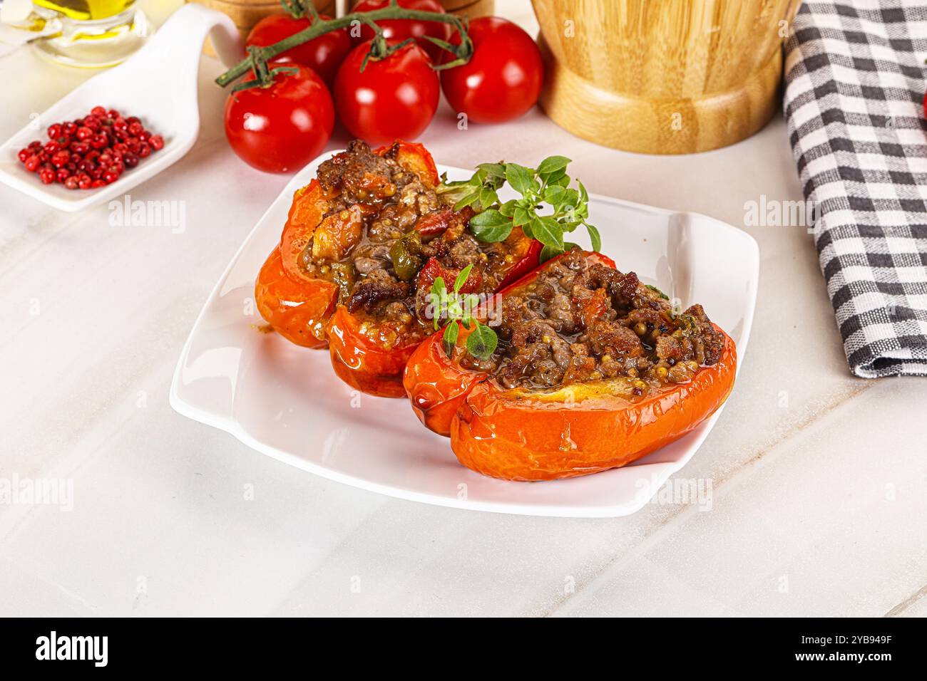 Red Bell pepper stuffed minced meat Stock Photo - Alamy