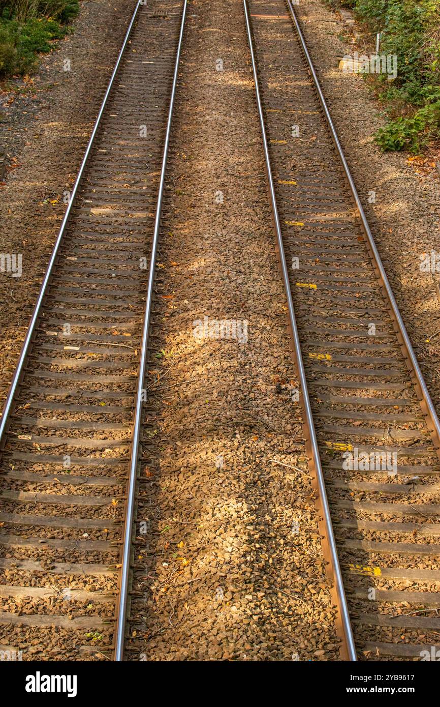 Aerial view of two parallel railway tracks running through a natural landscape. The tracks are ...
