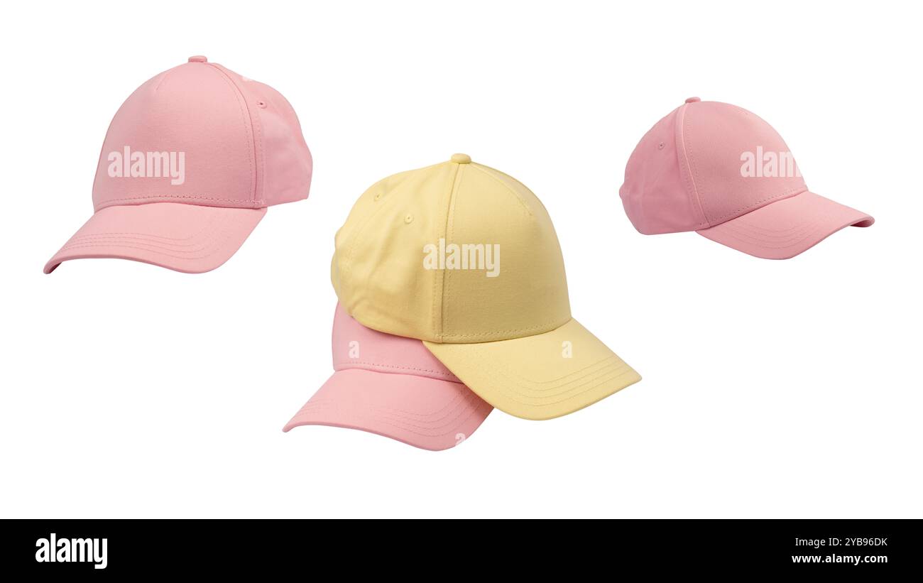 Pink and yellow cap isolated on white background Stock Photo - Alamy