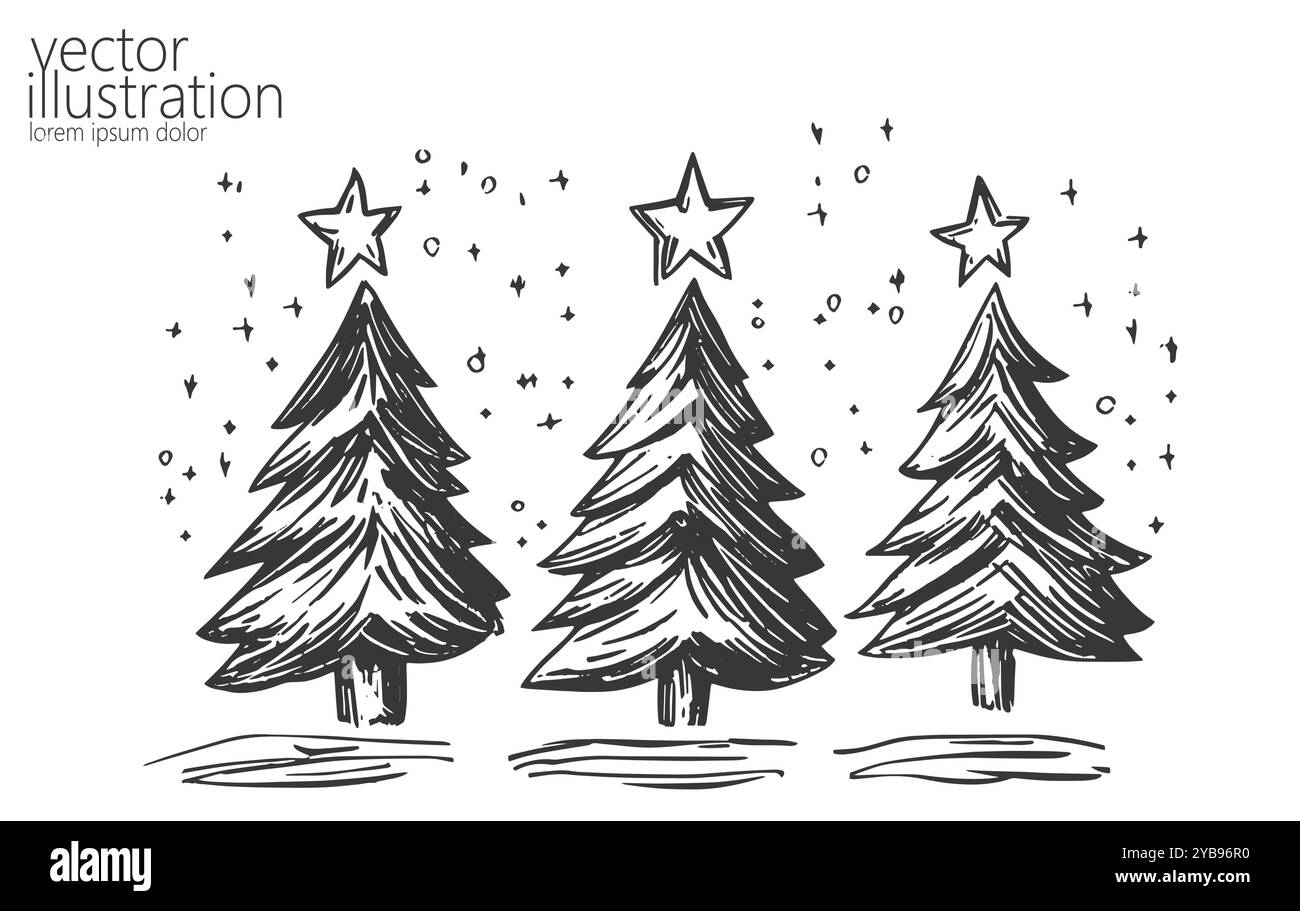 Three Christmas trees hand drawn greeting card. Engraving ink ...
