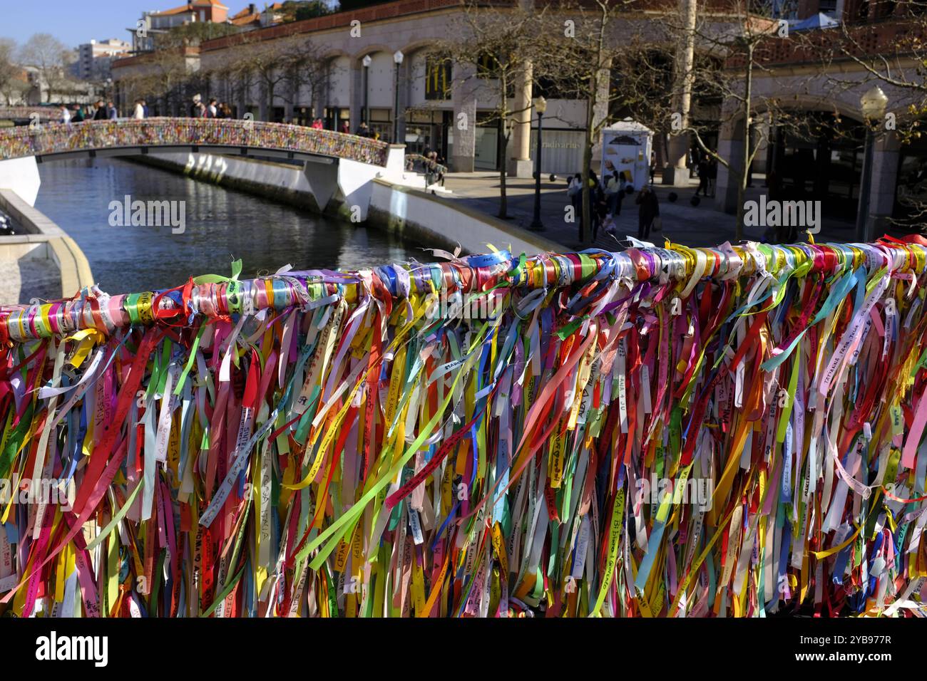 Bridge in Aveiro decorated with colourful ribbons, meaning good luck ...