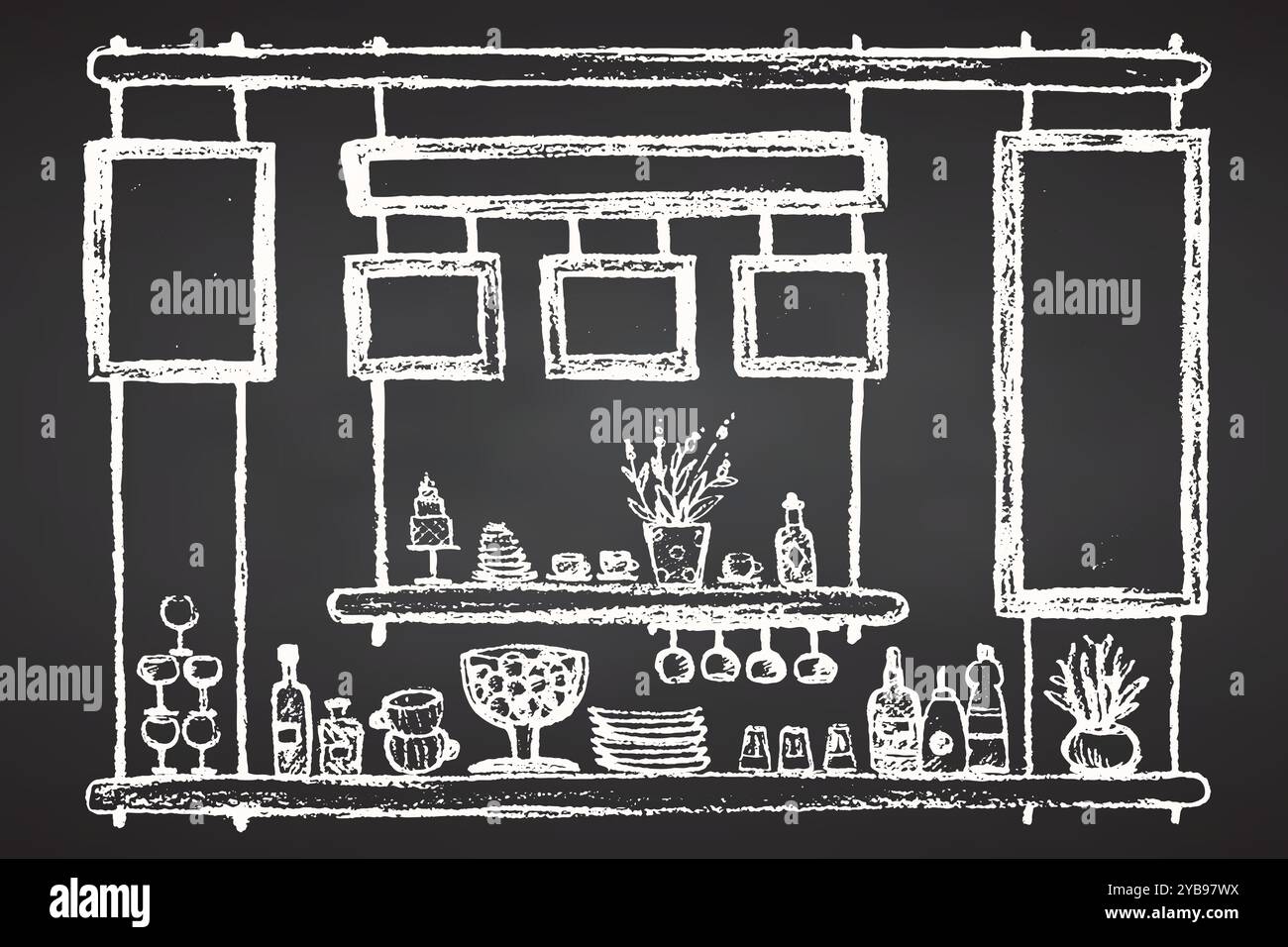 Shop window in interior of restaurant, cafe. bar. Shelves for dishes ...