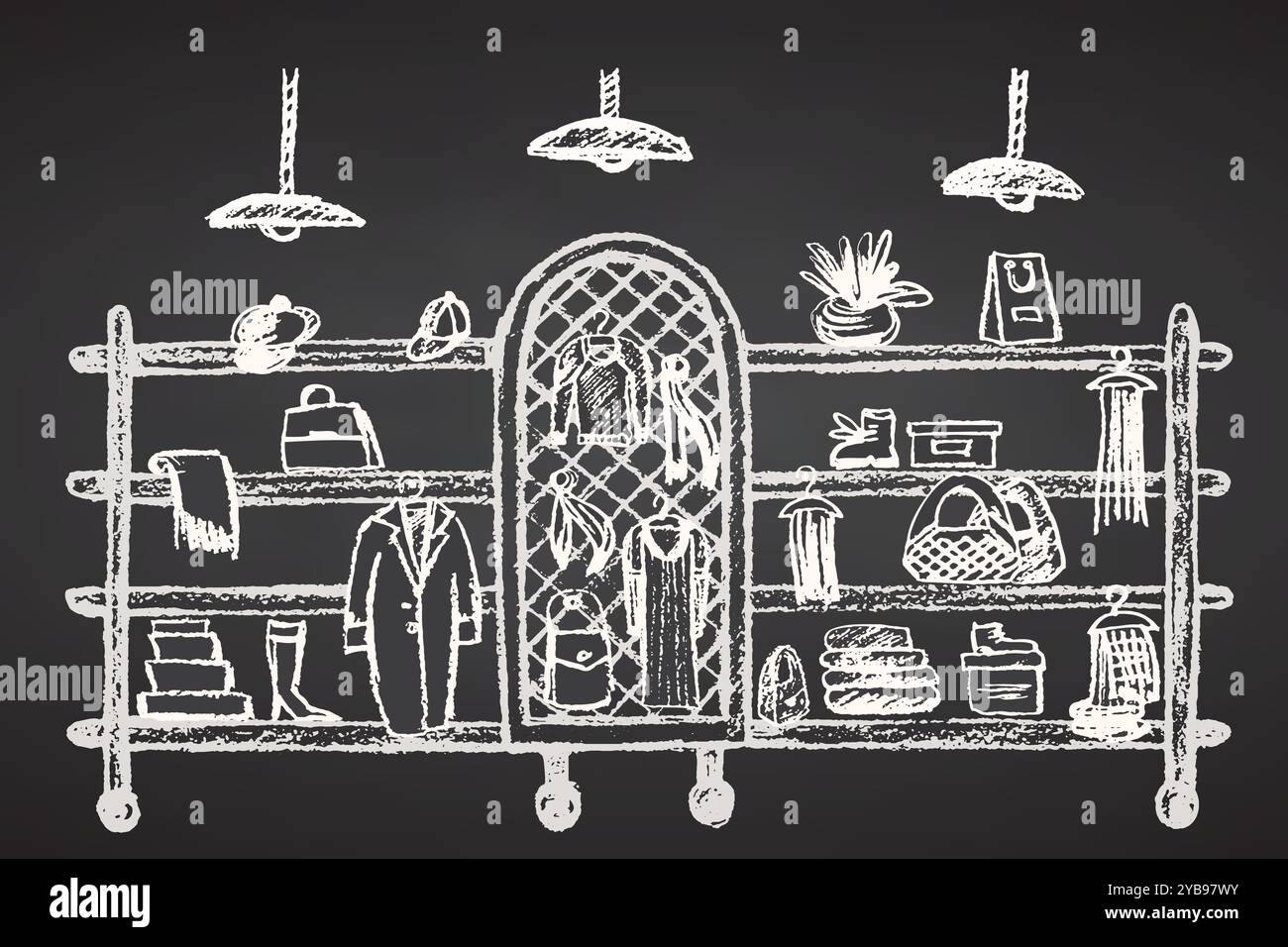 Clothes hanger rack with clothes, accessories and shoes in interior of ...