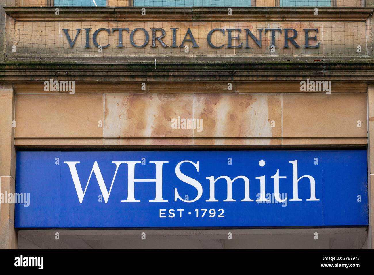 A storefront sign for WHSmith located in the Victoria Centre. The sign ...